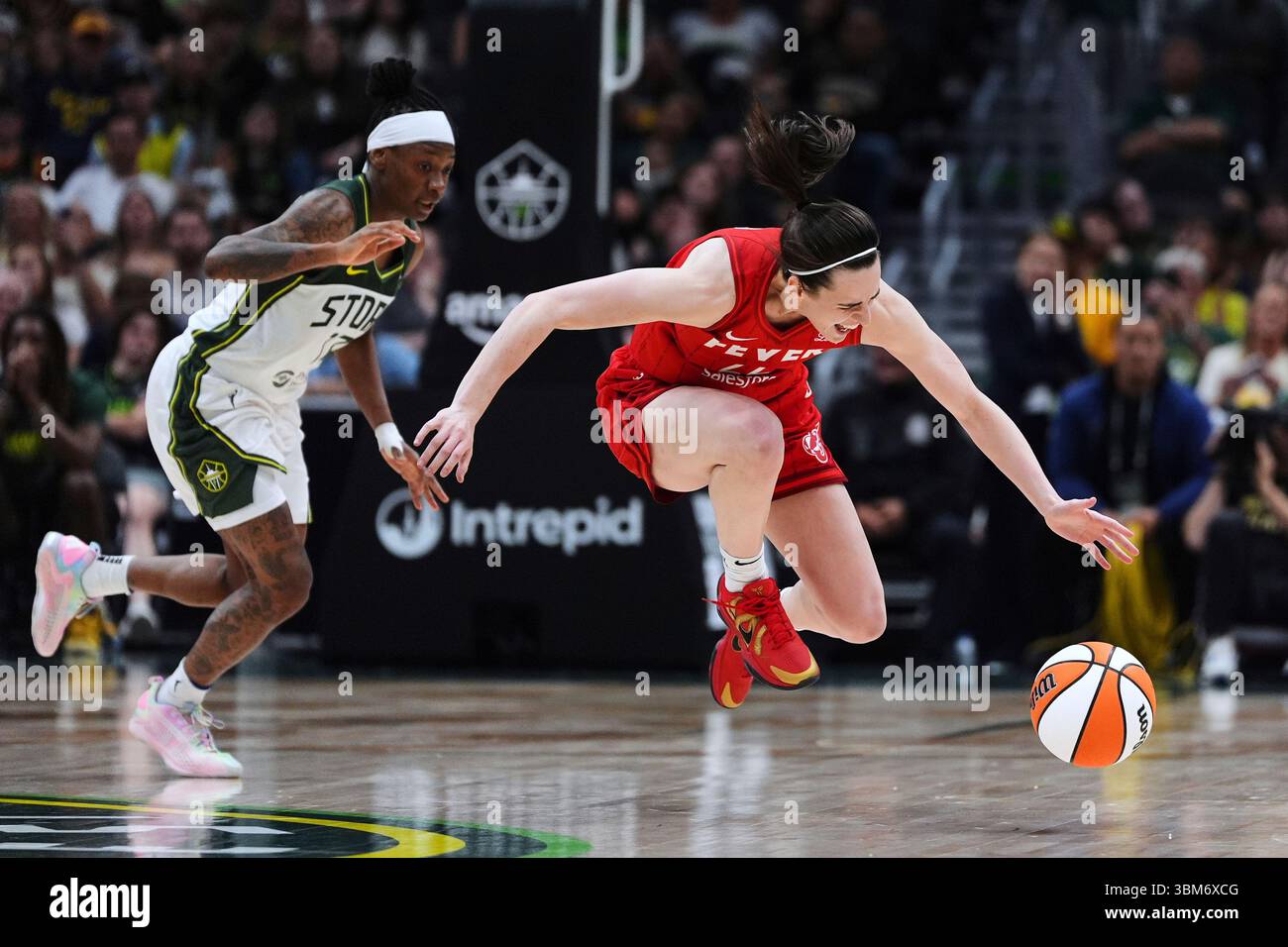 Seattle Storm guard Erica Wheeler looks on as Indiana Fever guard ...