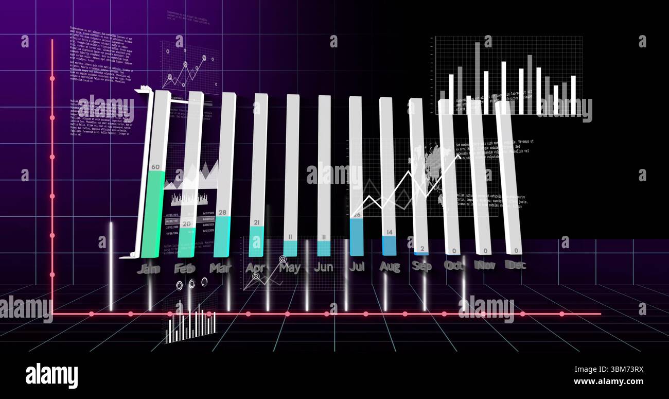 3D bar graph presenting monthly data in virtual interface, with line ...