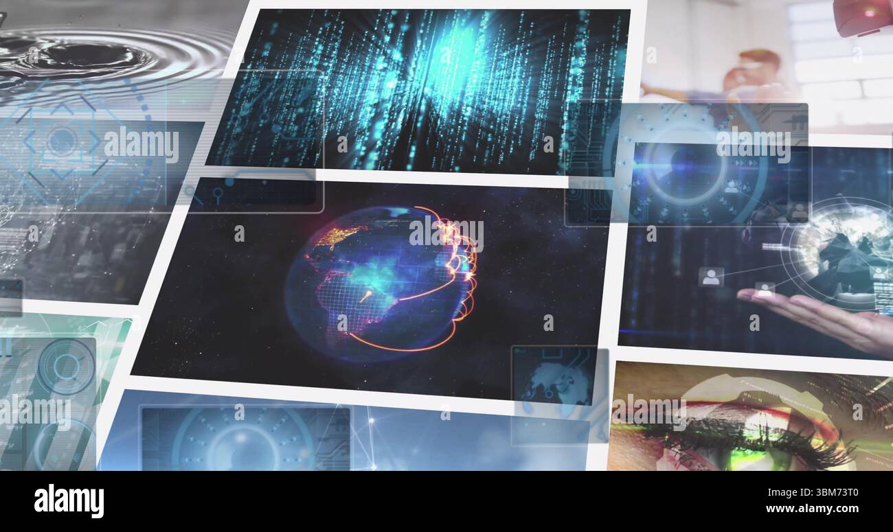 Displaying digital globe glowing network lines in virtual interface ...