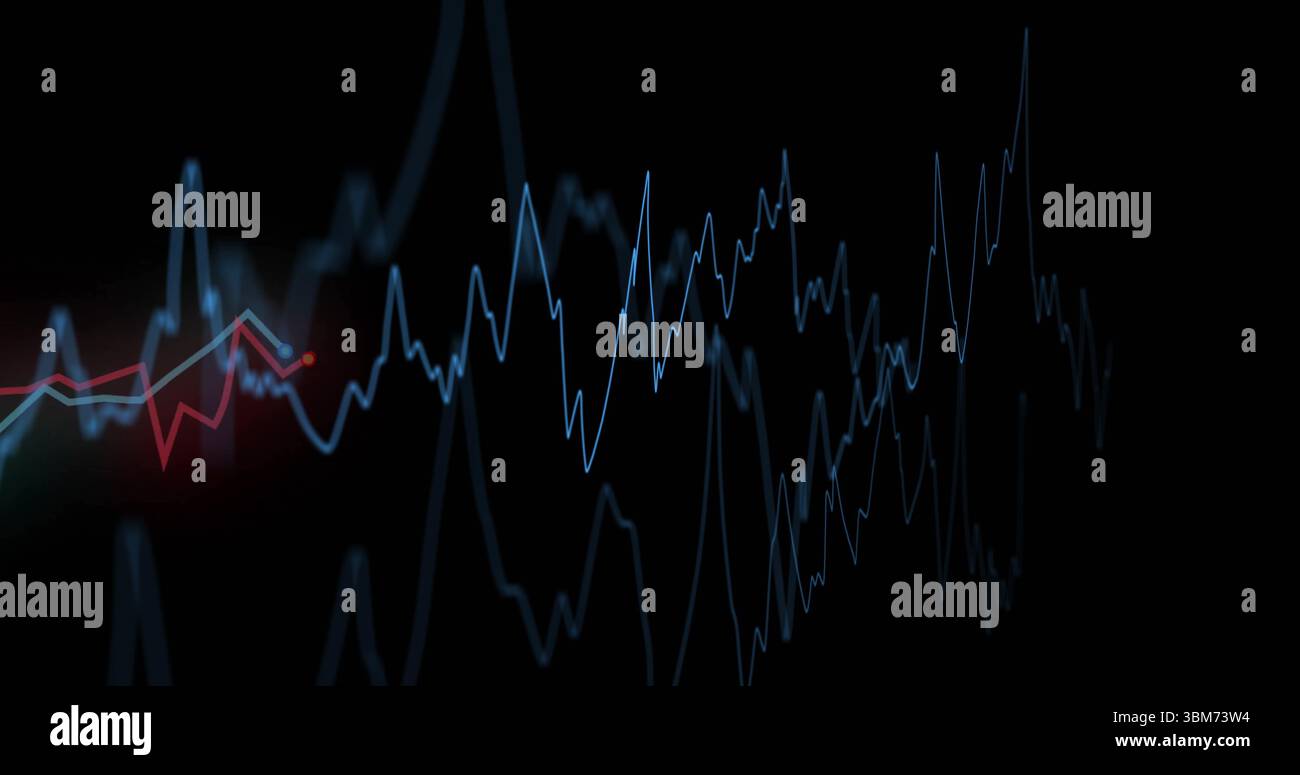 Displaying neon blue and pale red waveforms overlapping on black void ...