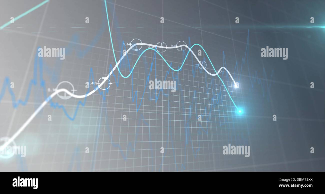 Displaying white and cyan line graphs on 3D grid plane with glowing ...