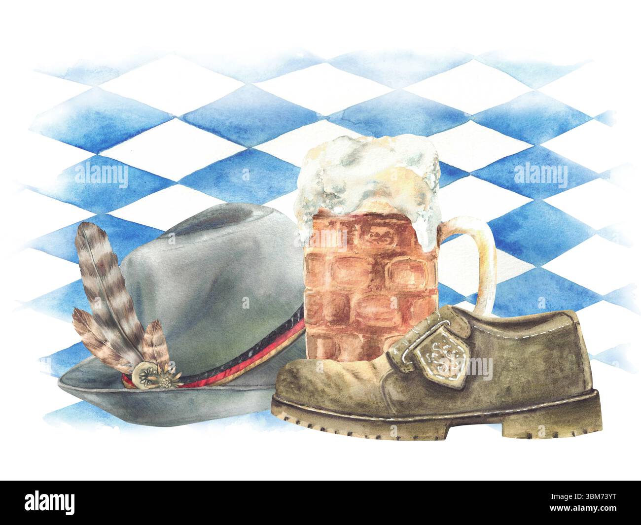Mug of beer with Germany hat and shoe on background of Bavarian blue ...