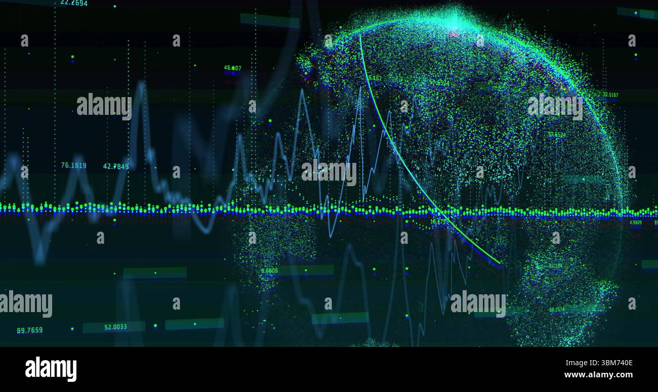 Rotating digital globe visualizing data on dashboard, with charts, graphs and labels, copy space ...