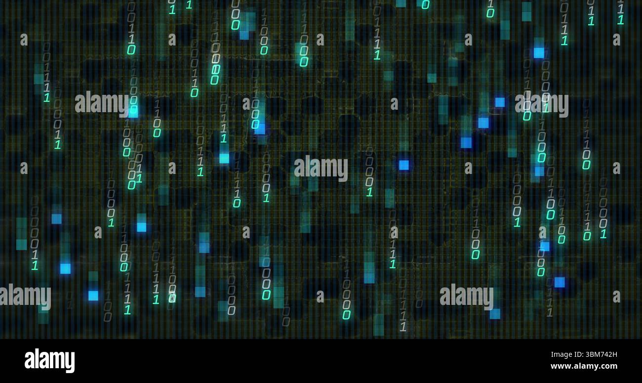 Cascading streams of binary digits falling over digital grid backdrop ...