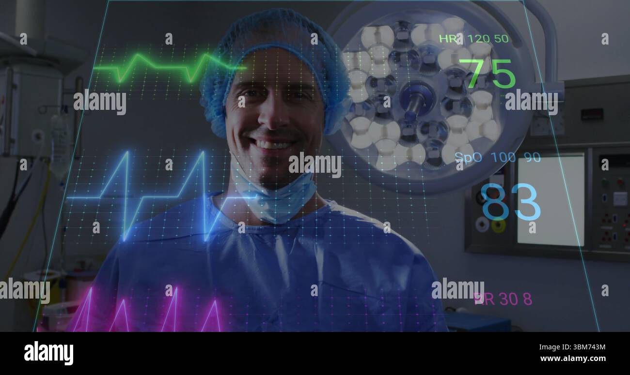 Surgeon in blue scrubs monitoring holographic ECG and vital sign ...