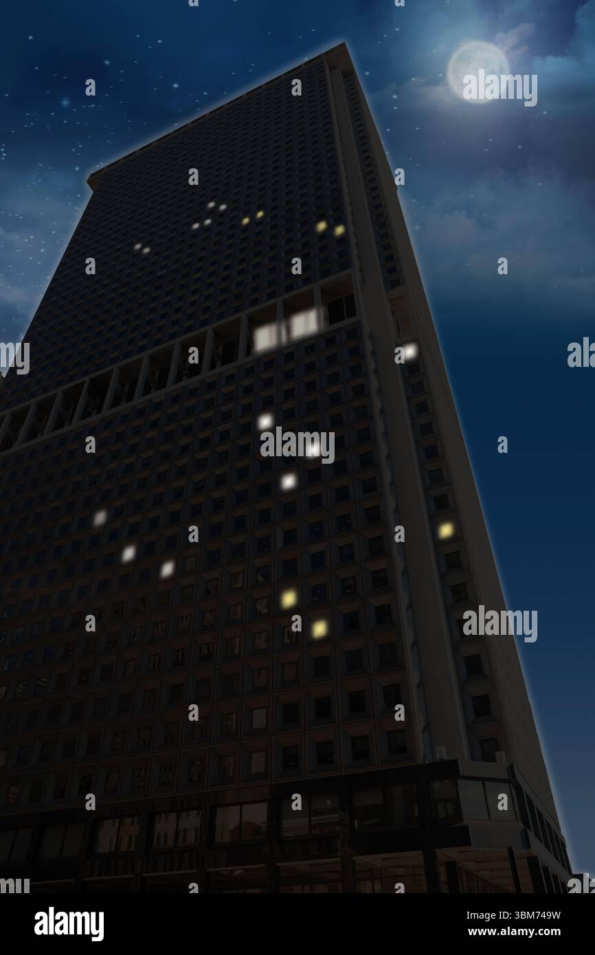 Flat design skyscraper rising street level, featuring grid windows lit ...
