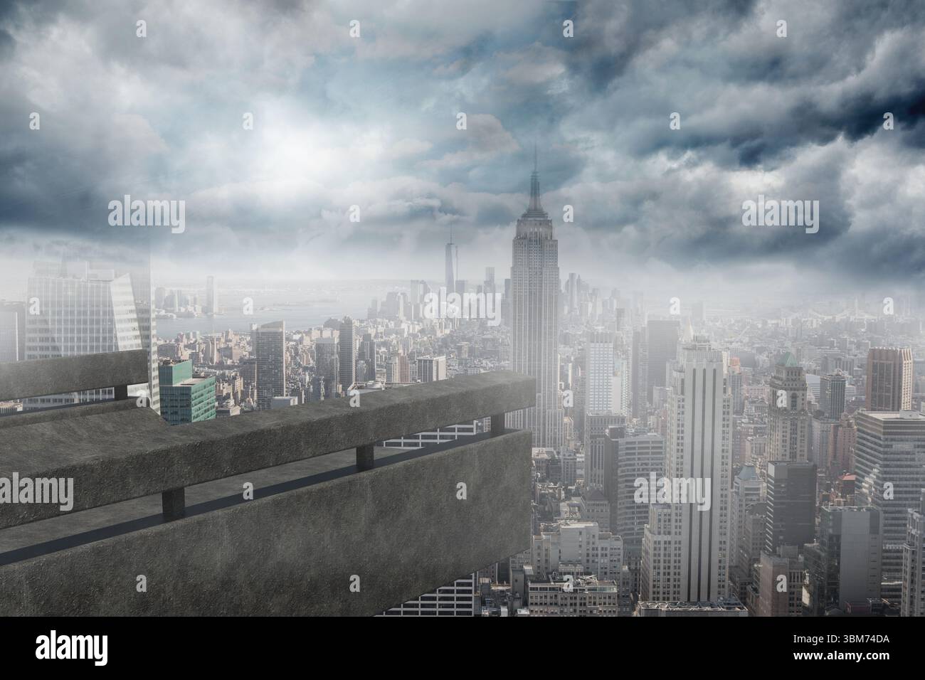 Concrete rooftop railing is framing flat illustration showing urban skyline under dramatic ...