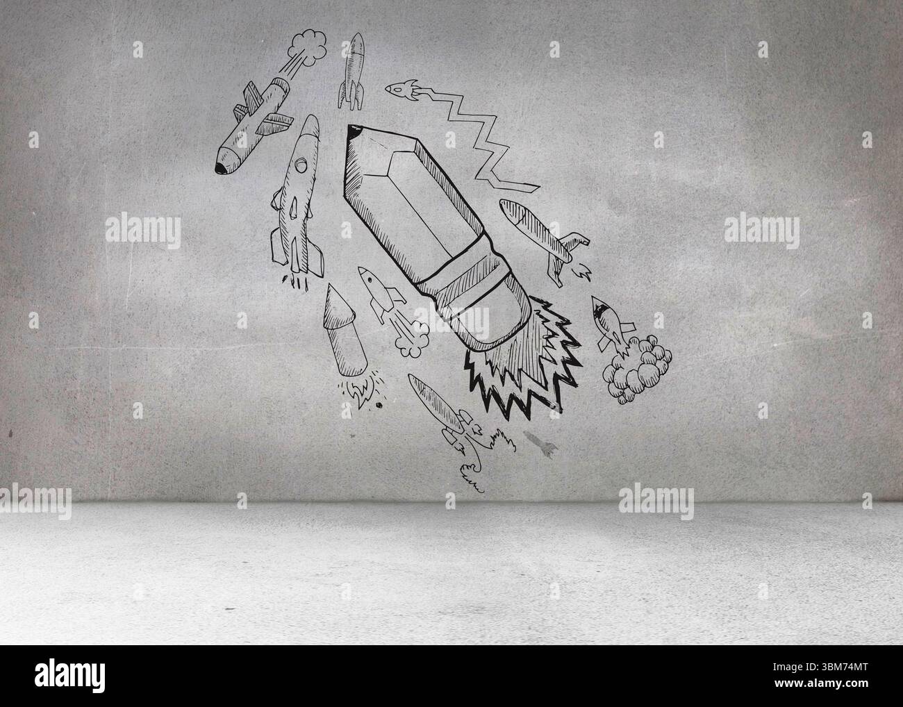 Grey wall with pencil rocket Stock Photo - Alamy
