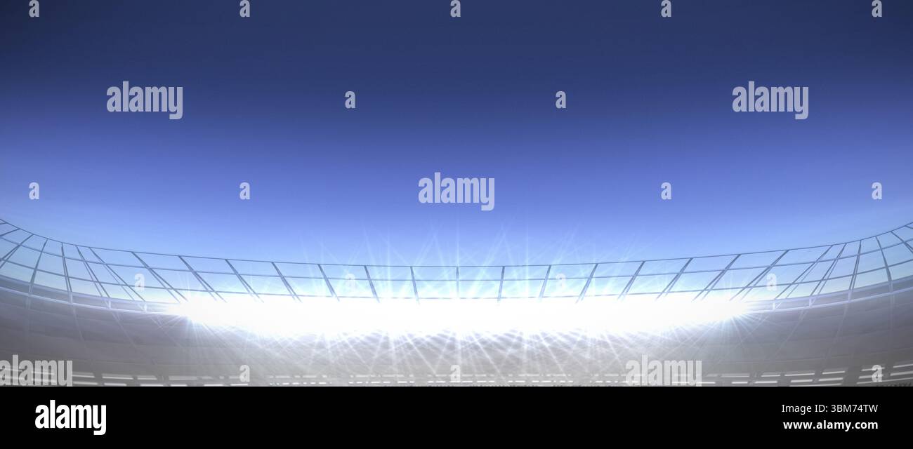 Sports stadium bowl is glowing with bright floodlights above deep blue ...