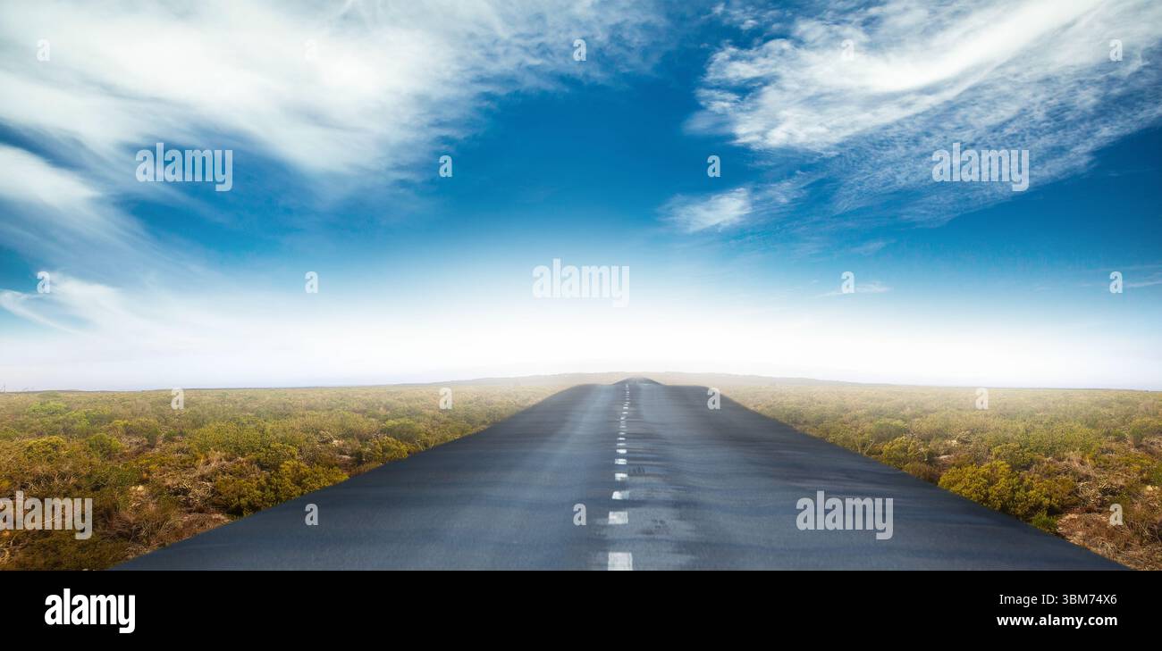 Flat design is showing paved road with dashed center line stretching ...
