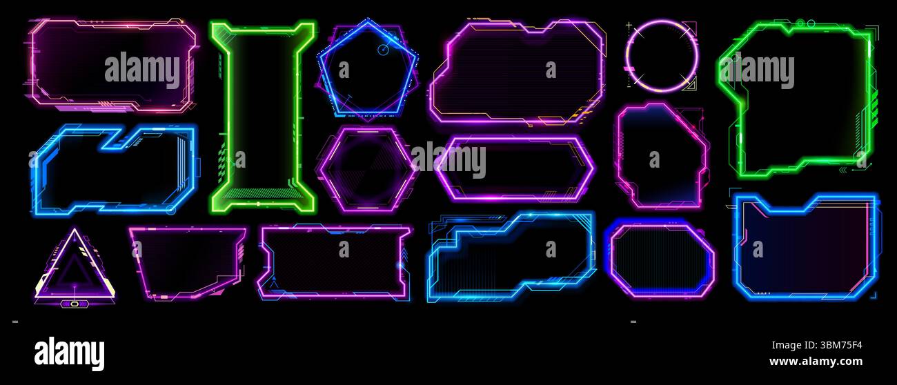 Neon game frames asset, HUD interface overlay templates vector set ...