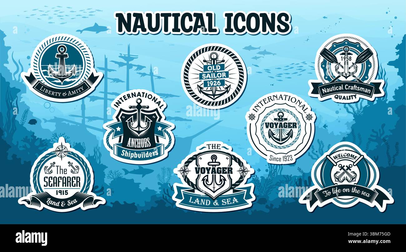 Nautical marine badges and labels stickers with vector sea ship anchors ...