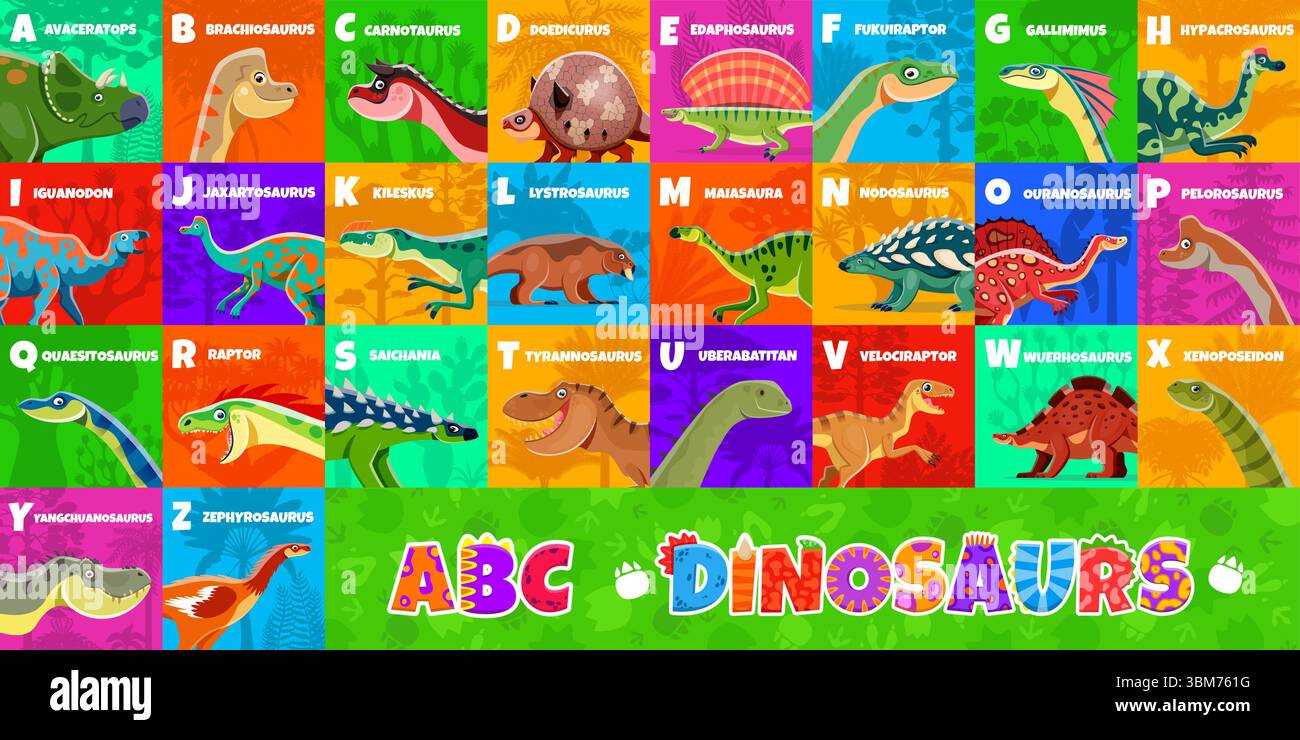 Kids prehistoric dinosaurs alphabet. Cartoon vector abc with funny ...
