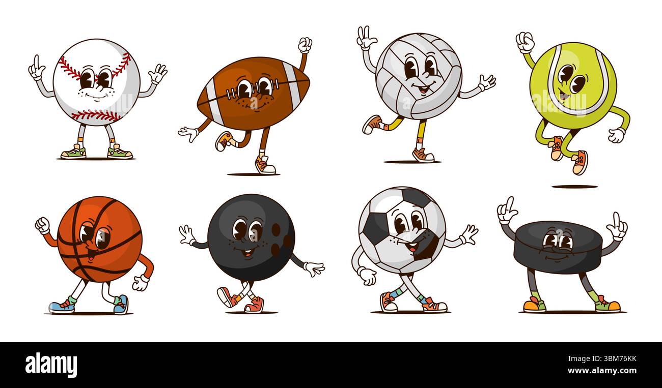 Cartoon groovy sport ball characters. Vector retro psychedelic balls ...