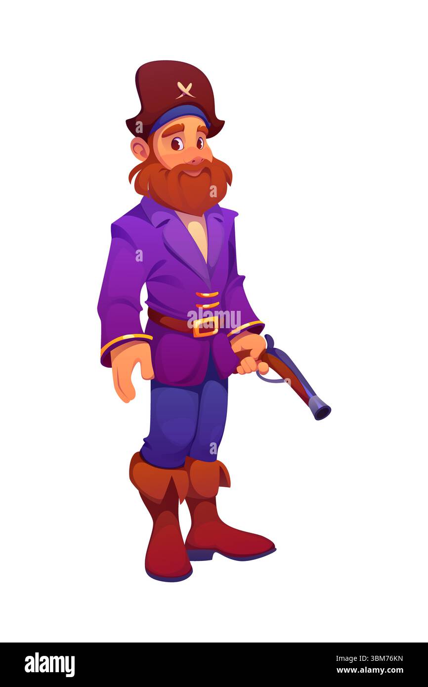 Cartoon medieval pirate and corsair character with bushy beard holding ...