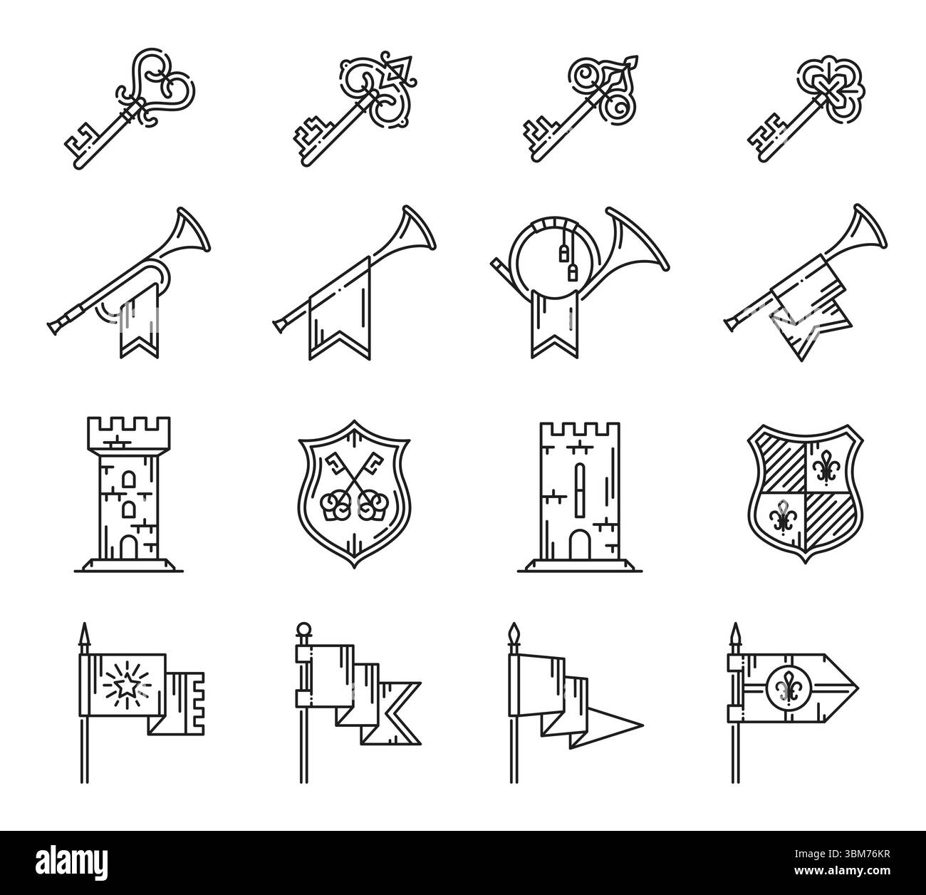 Heraldry line icons, horns and castle keys, fortress and pennant flags ...