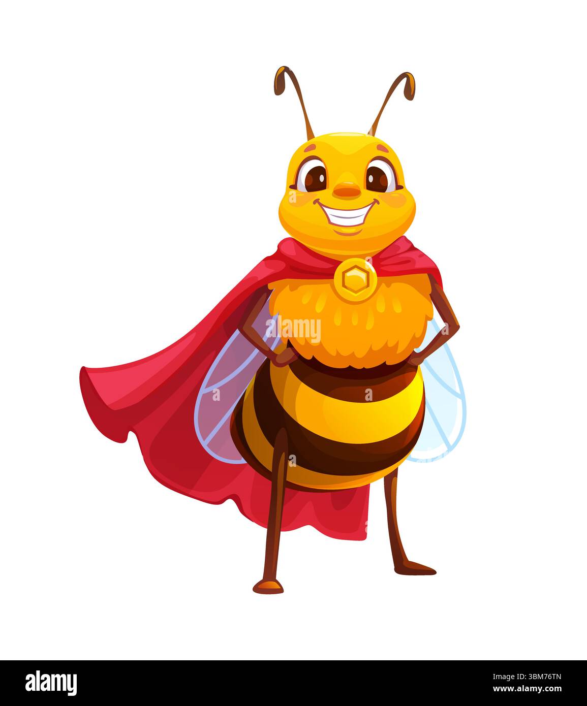 Cartoon honey bee superhero standing in red cape, smiling happily with ...
