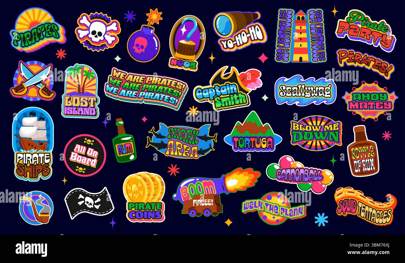 Y2k pirate and corsair groovy stickers, funky piratical patch labels ...