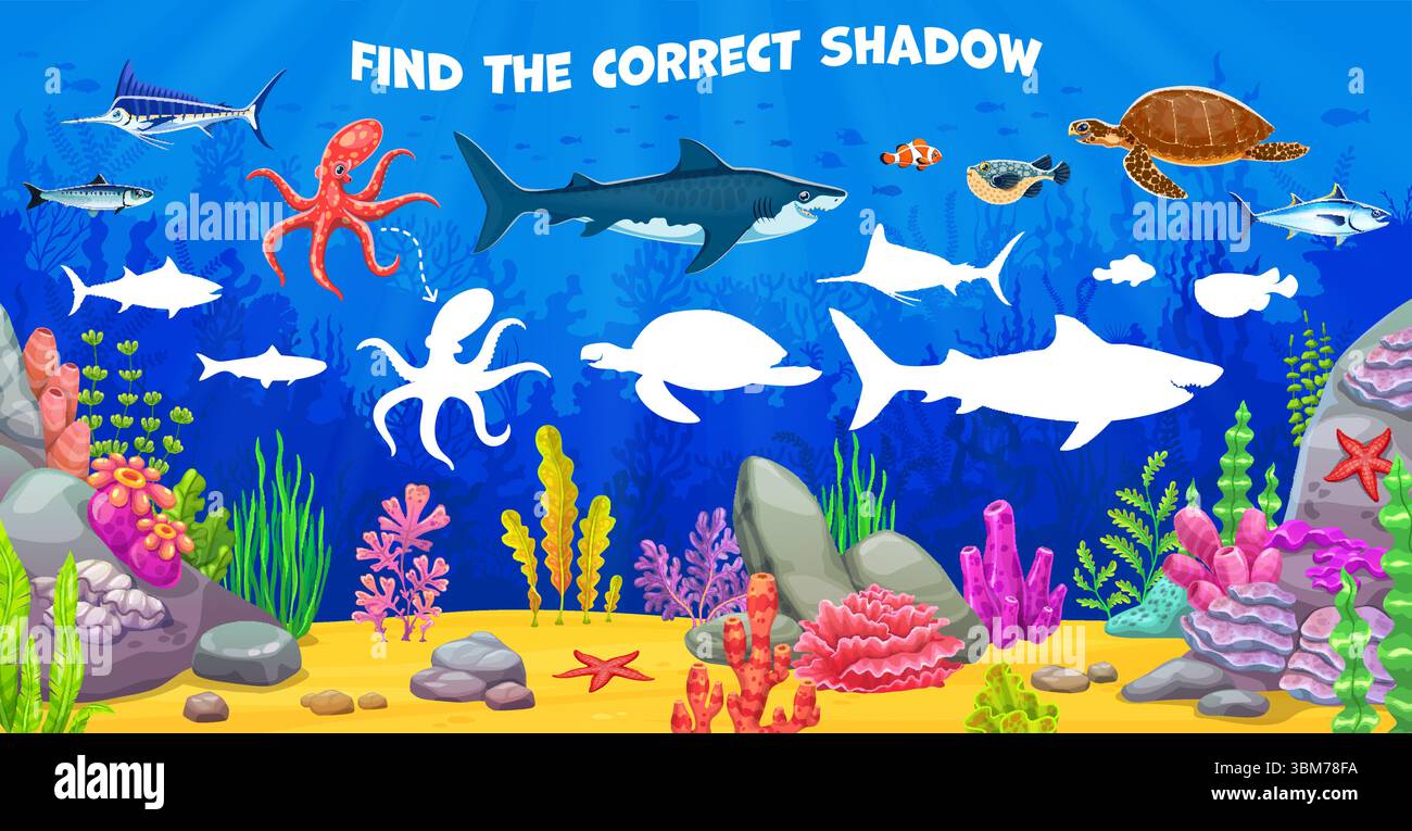 Find correct shadow of sea animals at underwater landscape for kids ...