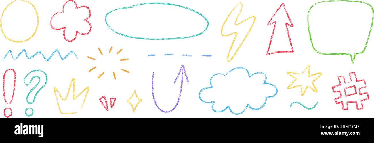 Crayon doodle element set. Hand drawn speech bubble, star, cloud. Color ...