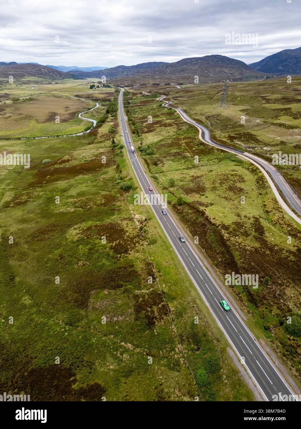 Aerial drone view of the A9 trunk road at Dalwhinnie, Scottish ...