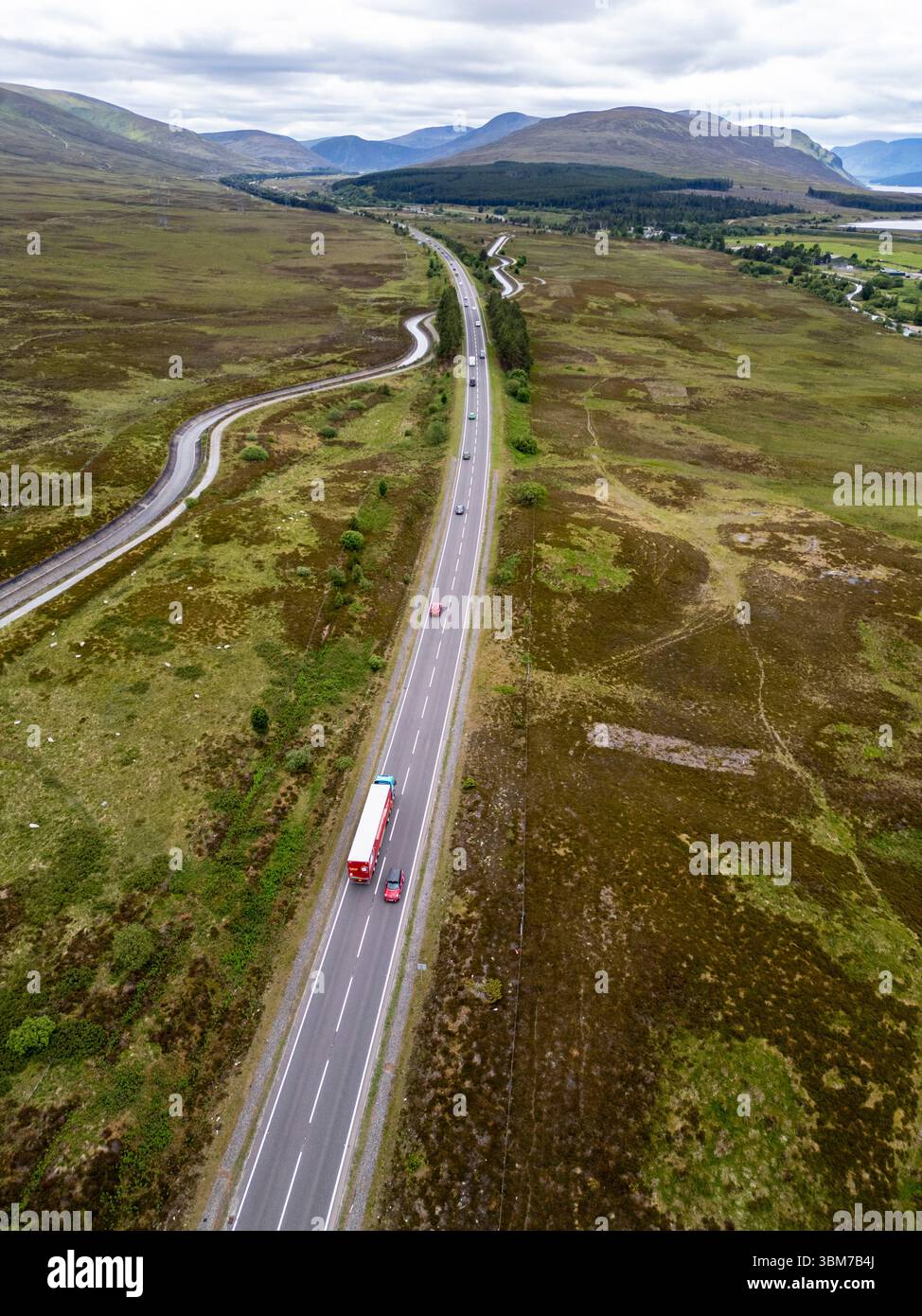 Aerial drone view of the A9 trunk road at Dalwhinnie, Scottish ...