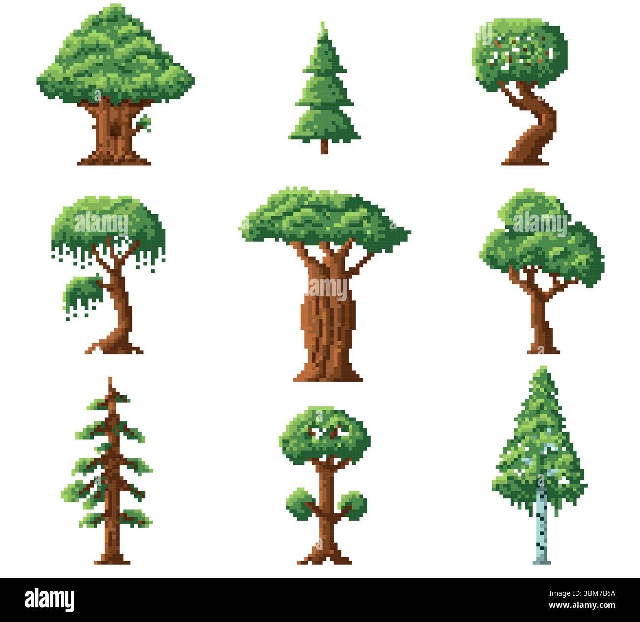 Pixel trees. Game design elements, forest location plants, different ...