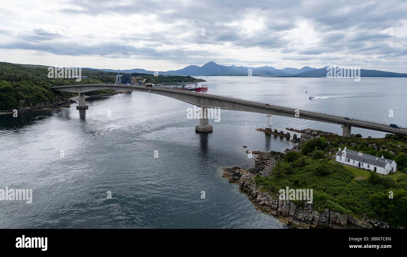 Aerial drone view of the Skye Bridge which crosses over Loch Alsh ...