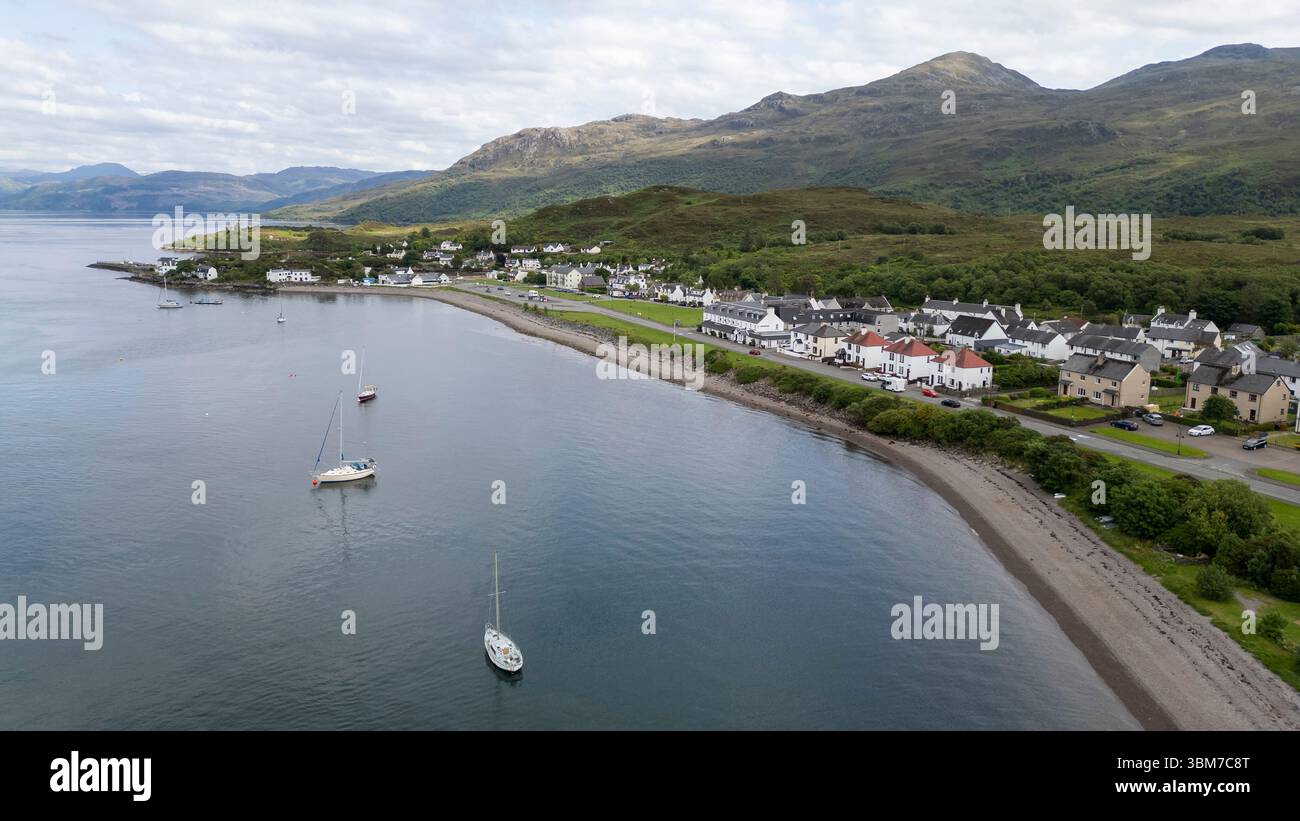 Aerial drone view of Kyleakin village and Loch Alsh, Isle of Skye ...