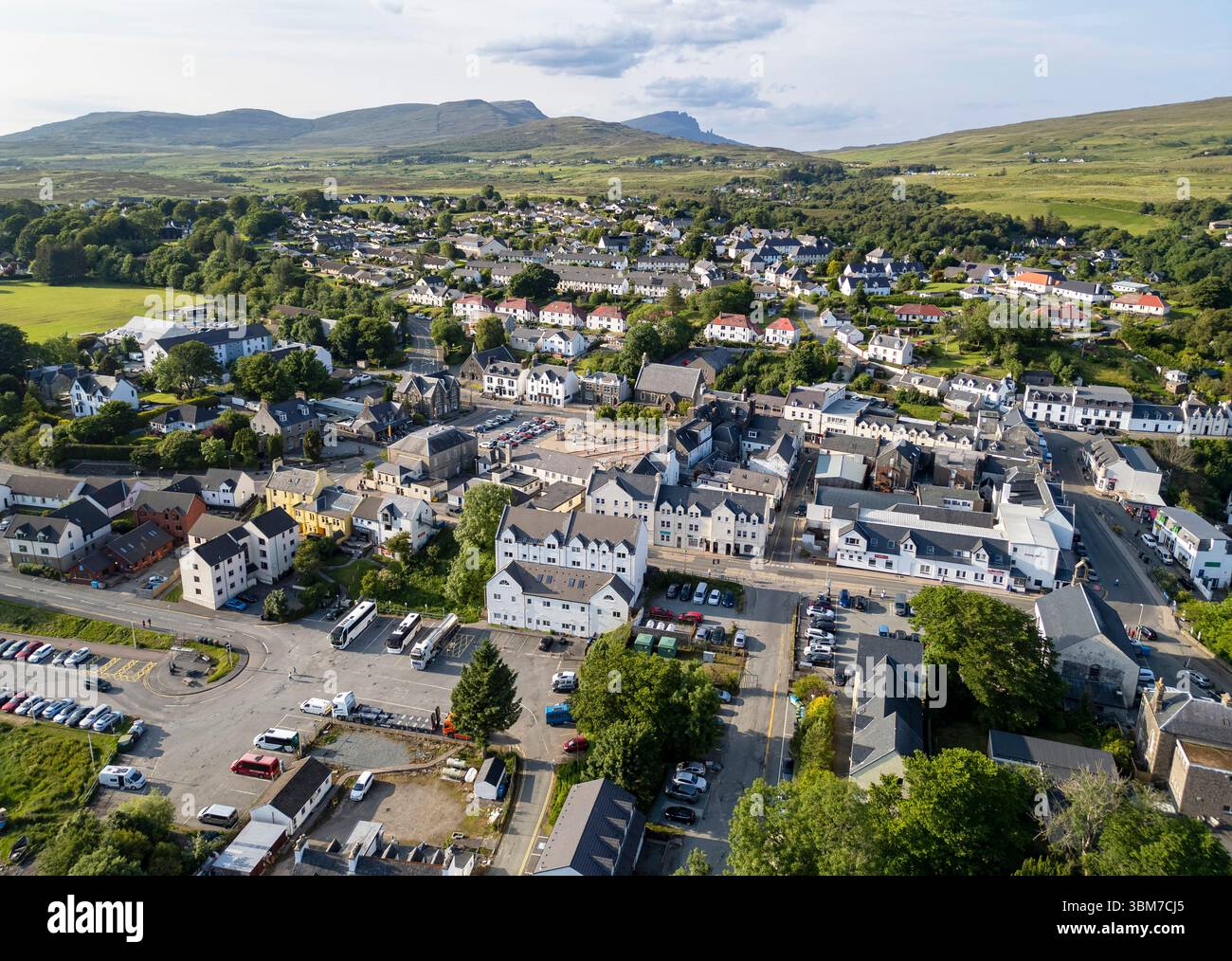 Aerial drone view of Portree town centre, the main town on the Isle of ...