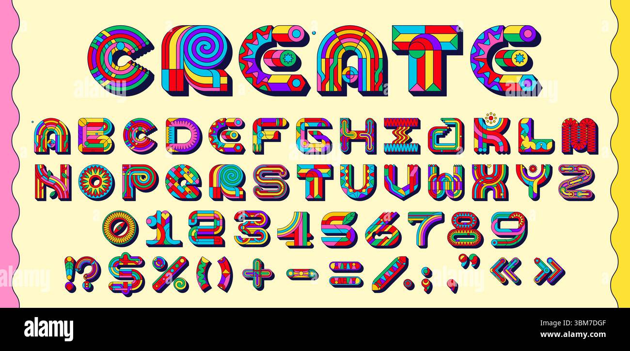 Funky groovy font, hippie typeface, color letters type, geometric ...