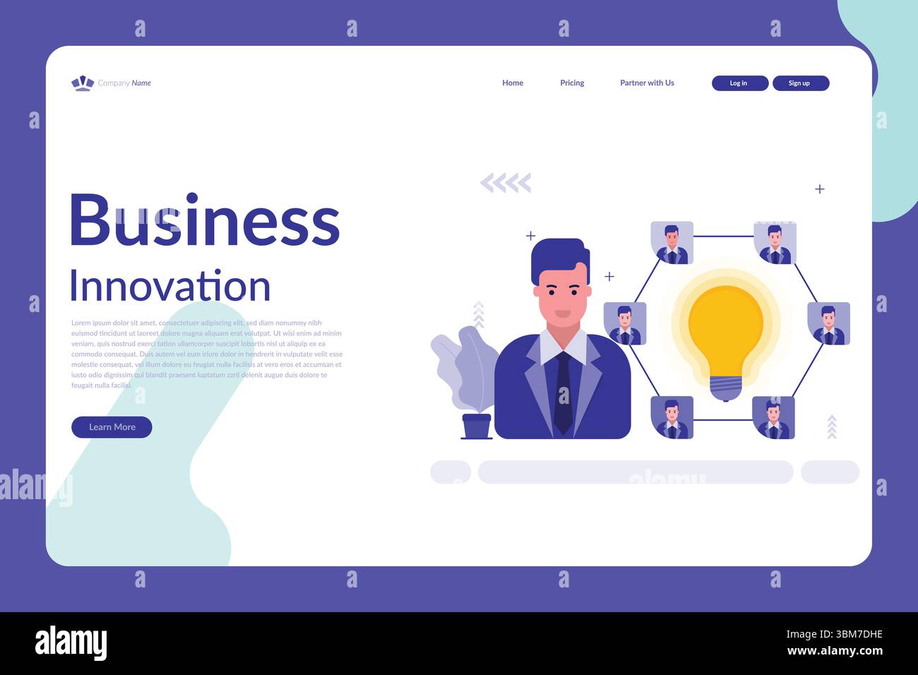 Vector illustration of a business innovation web page with central ...