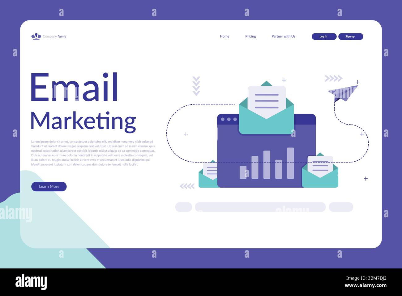 Vector illustration of an email marketing landing page with envelopes ...