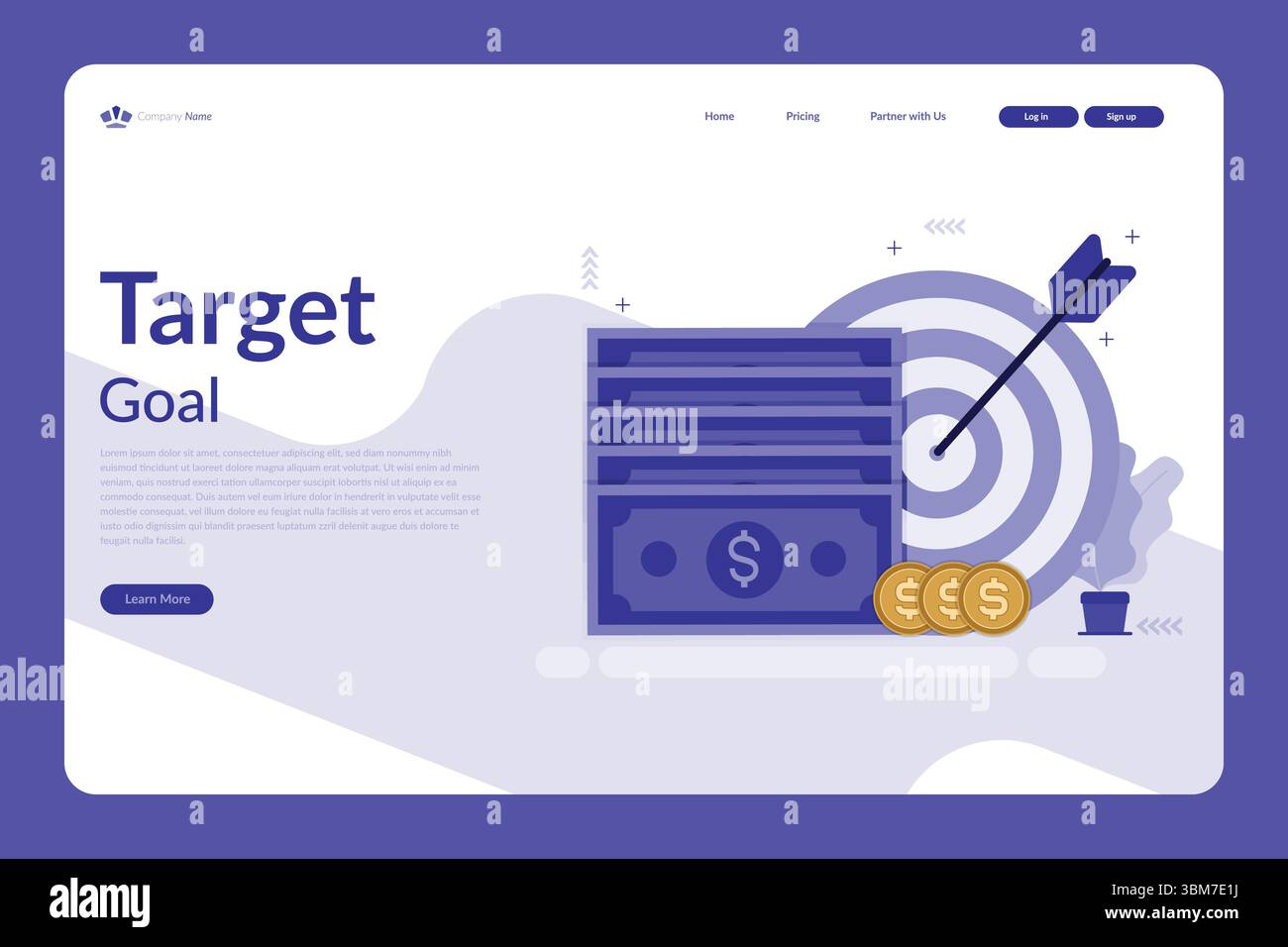 Vector illustration of a financial web page with target goal text ...