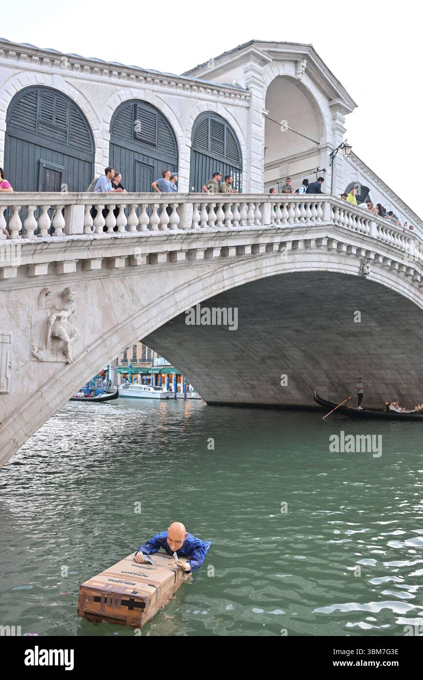 Venice, Italy. 22nd June, 2025. A Jeff Bezos look a like dummy is ...