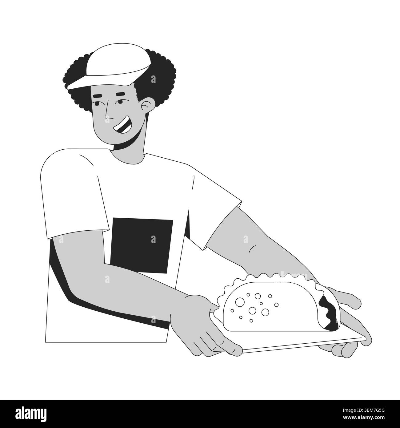 Smiling latino street food vendor offering taco on tray 2D line ...