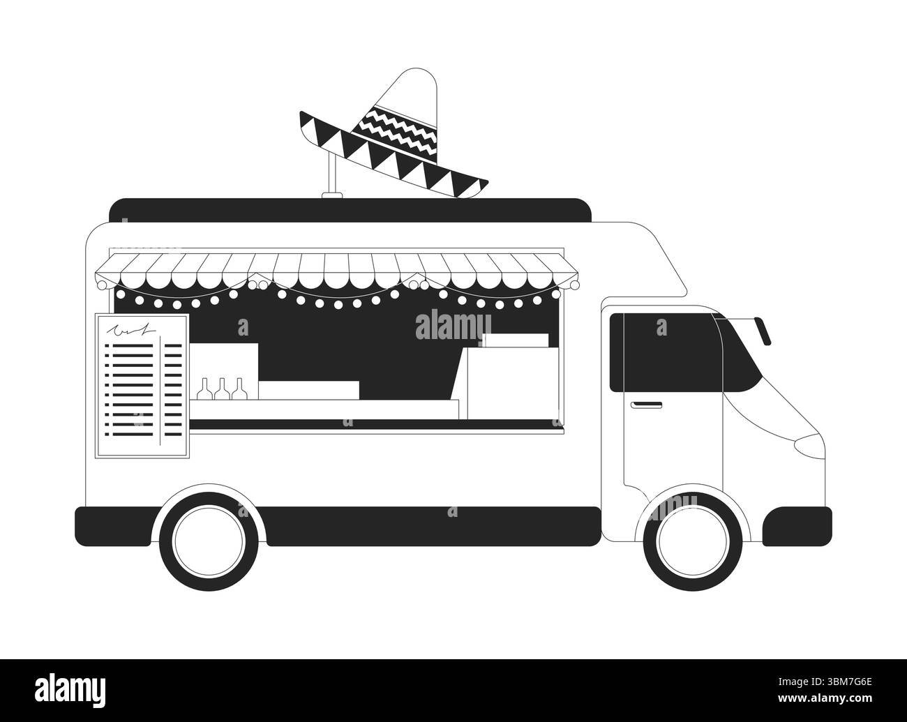 Mexican food truck with sombrero and string lights 2D line object Stock ...
