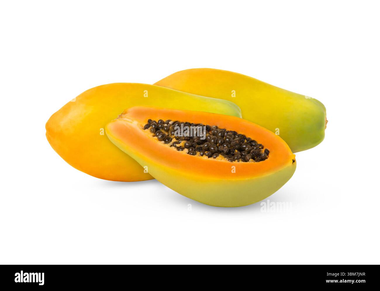 Two colorful papaya fruits and a cut in half isolated Stock Photo - Alamy