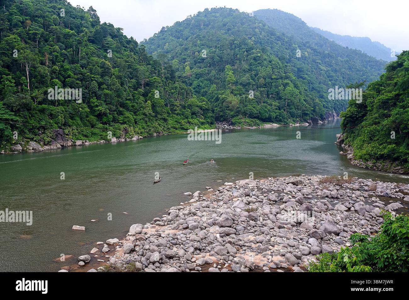 A stunning river view from Shnongpdeng in Meghalaya, India, known for ...