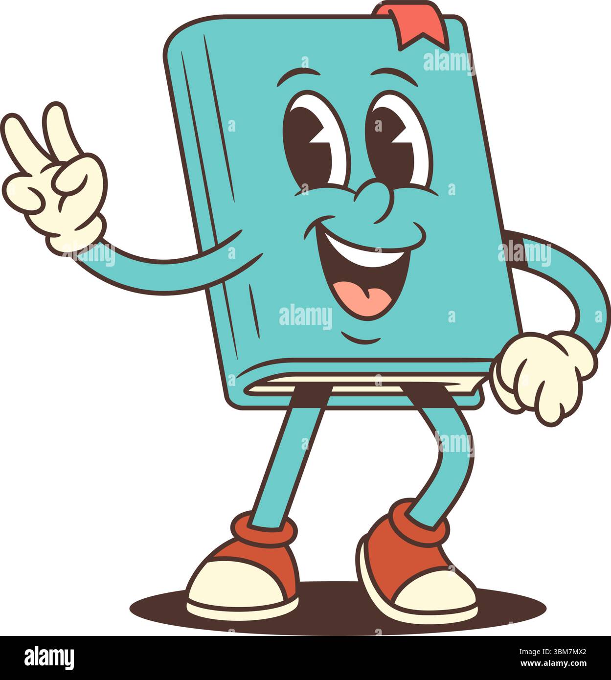 Happy blue cartoon book mascot smiling cheerfully while showing a peace ...