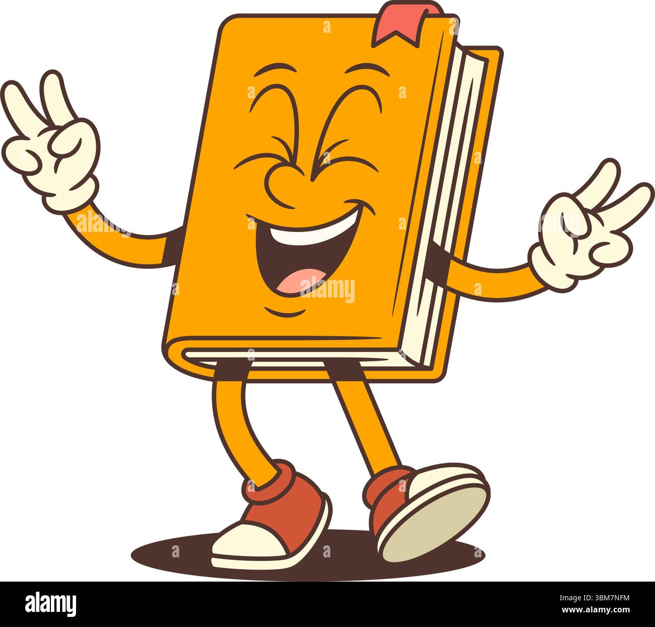 Cheerful orange book mascot laughing with squinting eyes and raising ...