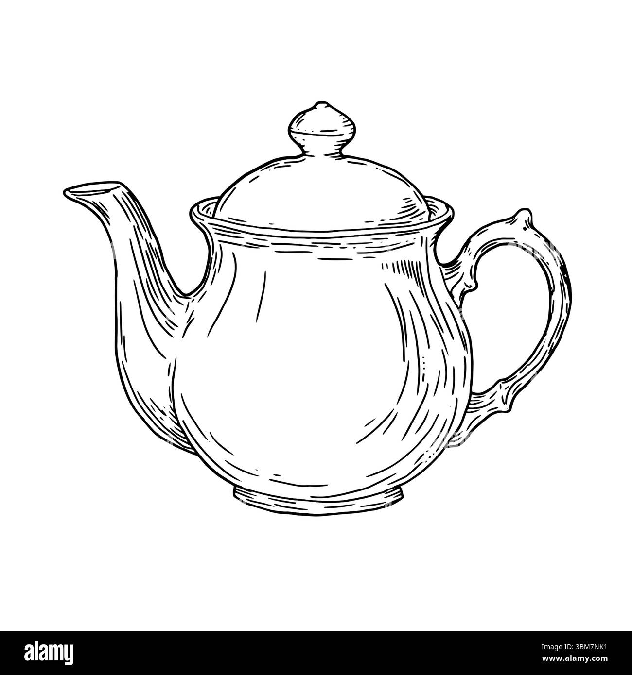 Porcelain teapot, black and white ink sketch. Vector illustration.An ...
