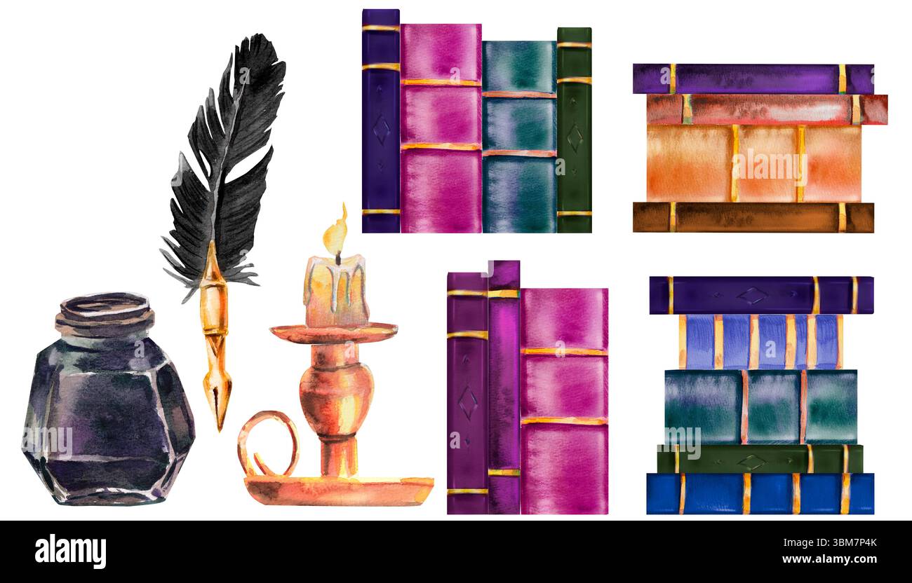 Watercolor drawing set stack of books, bronze candlestick, inkwell and ...