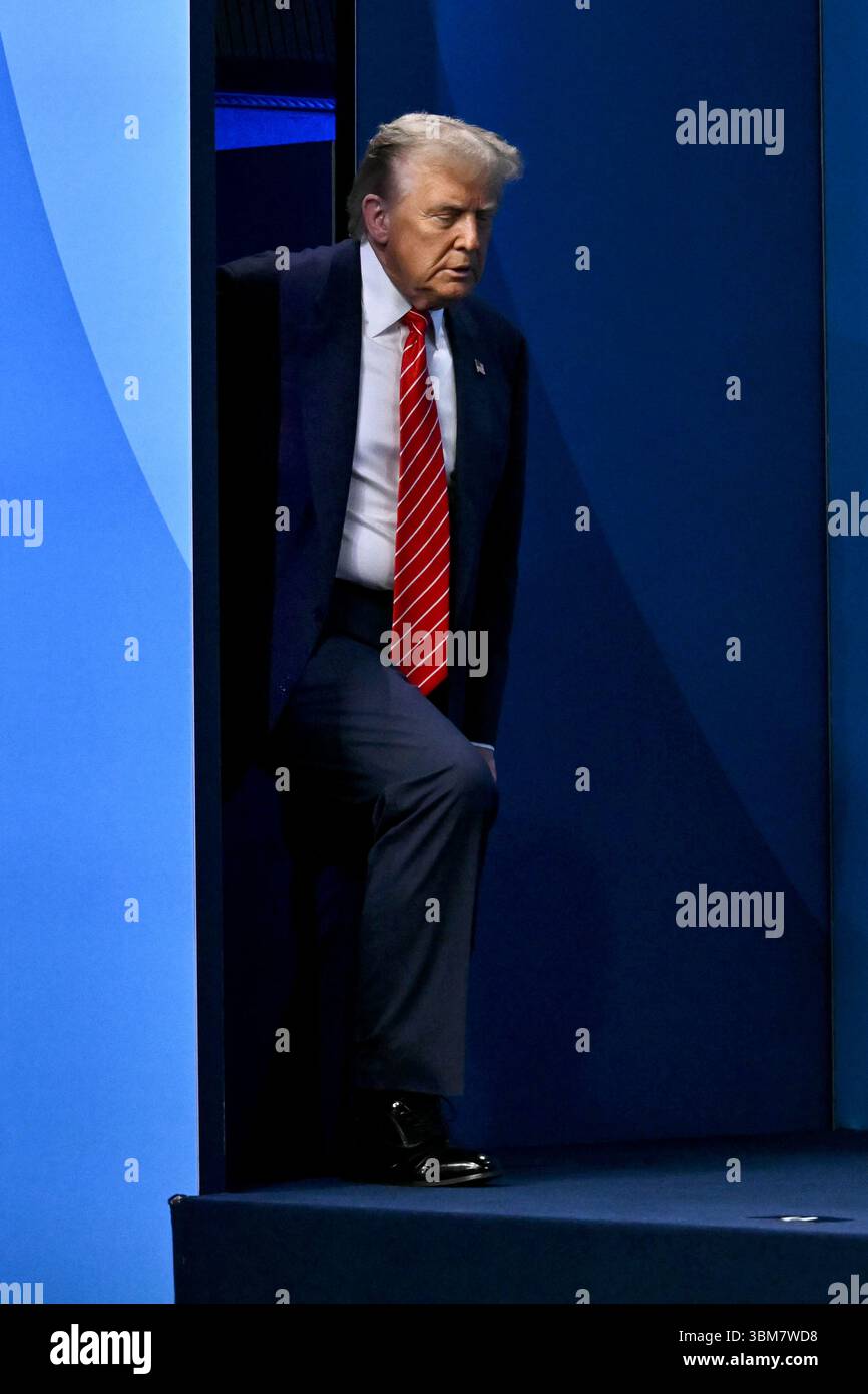 US President Donald Trump arrives at the Nato Summit at the Hague ...