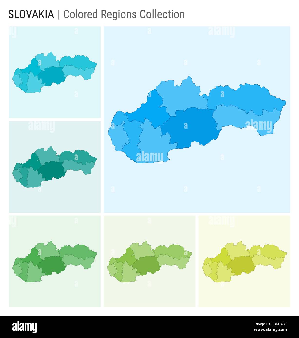 Slovakia map collection. Country shape with colored regions. Light blue ...