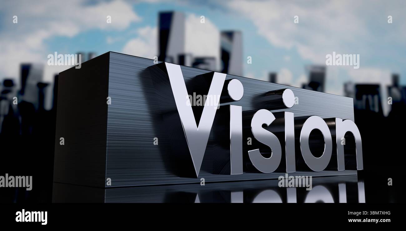 Vision - metal cuboid and skyscrapers - 3D illustration Stock Photo - Alamy