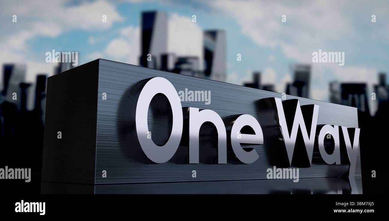One way - metal cuboid and skyscrapers - 3D illustration Stock Photo ...