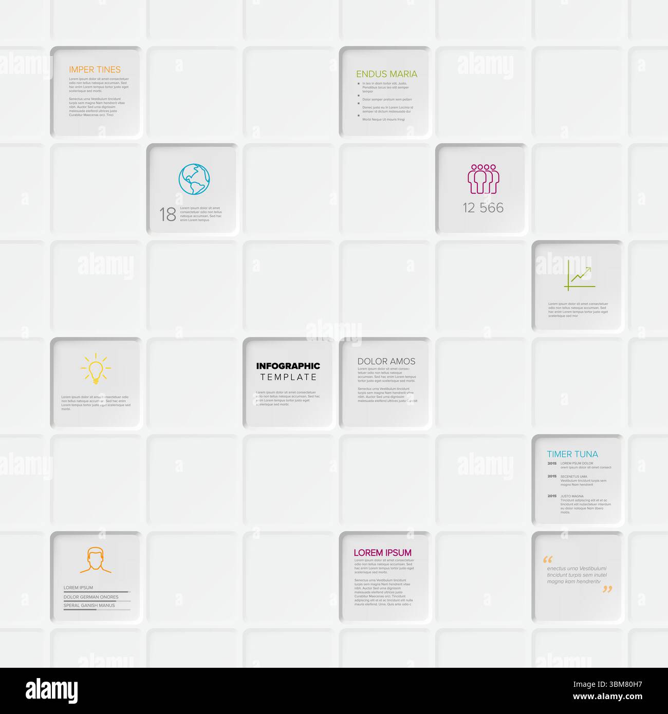 This modern infographic template features a clean white grid of squares ...