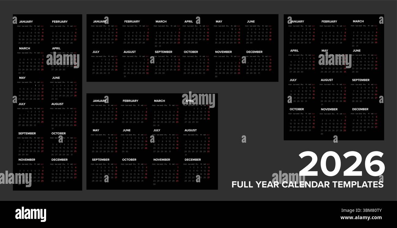 Four different black layouts of full 2026 calendar templates ready to ...
