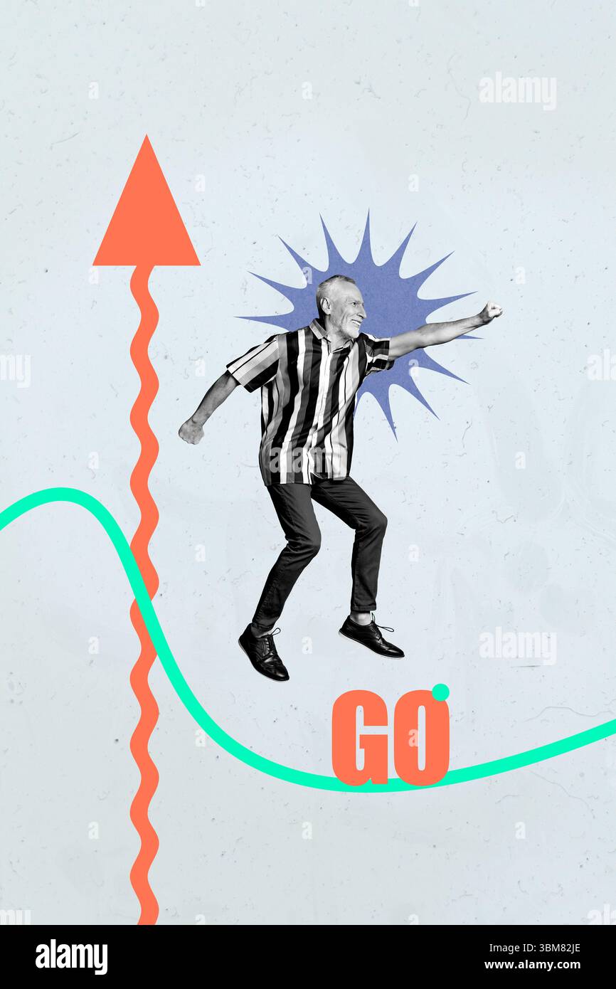 Creative graphics collage of person levitate reach challenge with arrow ...